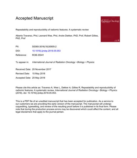 Pdf Repeatability And Reproducibility Of Radiomic Features A