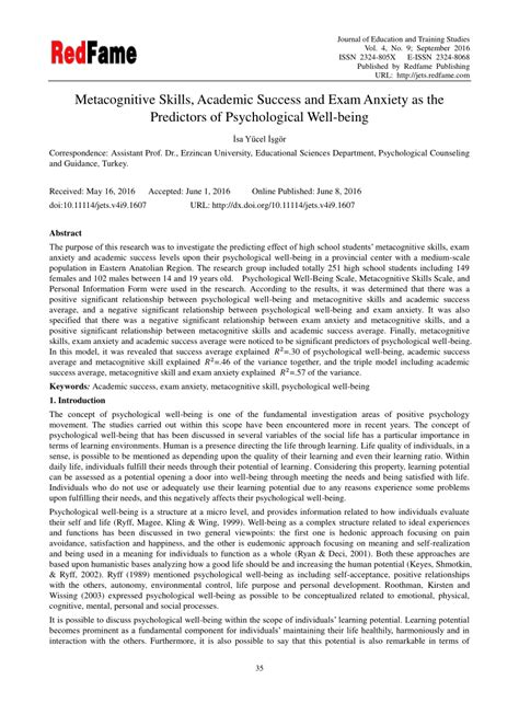Pdf Metacognitive Skills Academic Success And Exam Anxiety As The Predictors Of Psychological