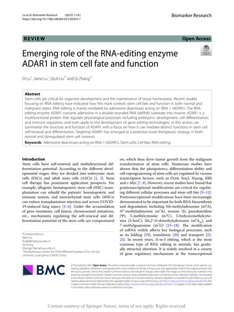 Pdf Emerging Role Of The Rna Editing Enzyme Adar1 In Stem Cell Fate And Function