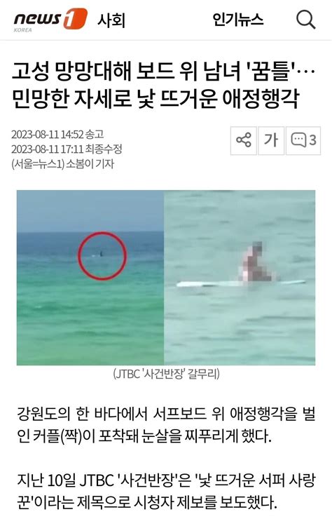 고성 망망대해 보드 위 남녀 꿈틀 민망한 자세로 낯 뜨거운 애정행각 유머 움짤 이슈 에펨코리아