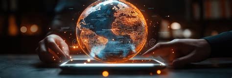 Hands Interact With Digital Globe Displaying Global Communication Tech Virtual Reality Globe