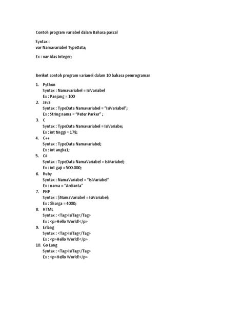 Contoh Program Variabel Dalam 10 Bahasa Pemrograman Pdf Contoh Program Variabel Dalam 10 Bahasa Pemrograman Pdf