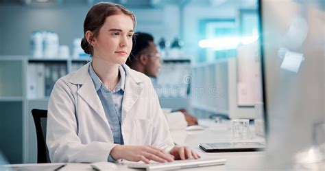Computer Woman And Scientist Typing In Laboratory For Medical Research