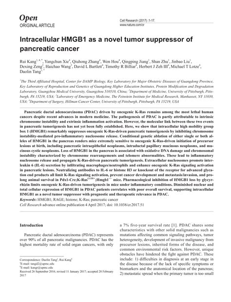 Pdf Intracellular Hmgb1 As A Novel Tumor Suppressor Of Pancreatic Cancer