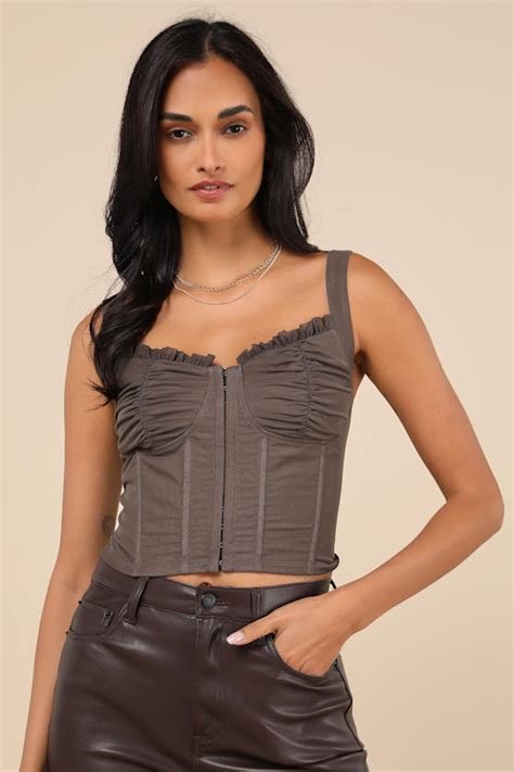 Grey Mesh Top Cropped Tank Top Hook And Eye Bustier Crop Top Lulus