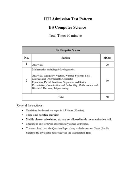 Itu Admission Test Pattern 2023 Bscs Pdf