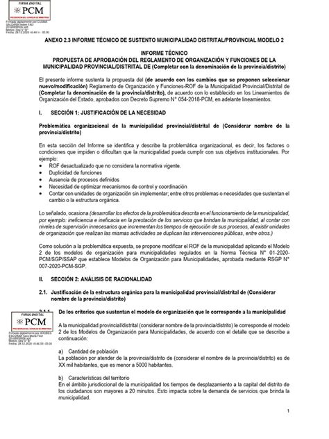 Informe T ®cnico Sustentatorio Modelo 2 F F F F Pdf Gobierno Local Alcalde