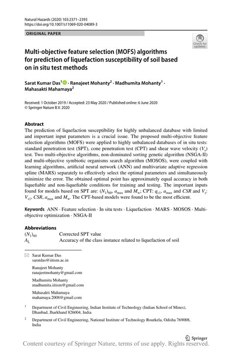 Multi Objective Feature Selection Mofs Algorithms For Prediction Of Liquefaction