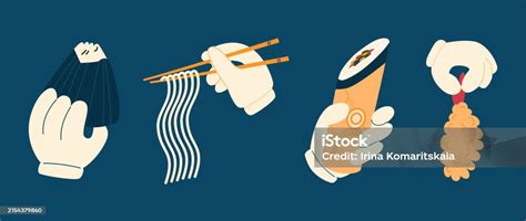 아시아 패스트 푸드의 그림입니다 일본과 한국 음식을 들고 있는 손 광고에 대한 스톡 벡터 아트 및 기타 이미지 광고 국수 김밥 Istock