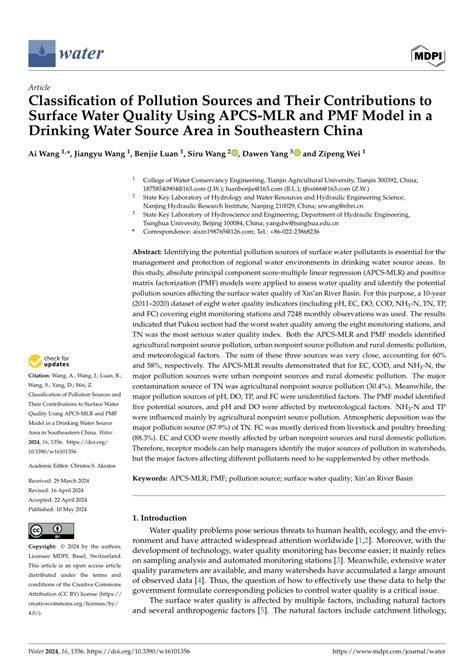 Pdf Classification Of Pollution Sources And Their Contributions To Surface Water Quality Using