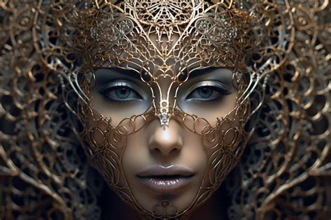 Premium Ai Image Woman Face Covered In Golden Lace Fashions