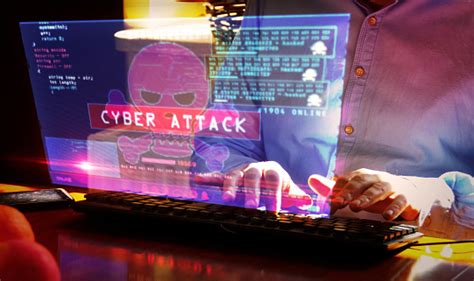 Hacker Typing On Keyboard With Breaking Security And Code On Hologram