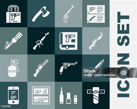 세트 나이프 홀스터 군용 나이프 사냥 총 리볼버 M16a1 소총 대전차 수류탄 권총 구매 및 또는 아이콘으로 예약 벡터 M16