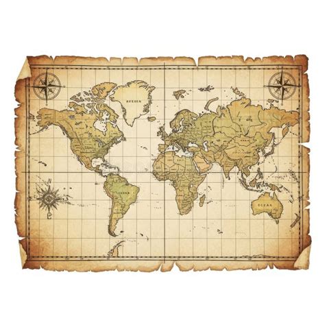 Vintage World Map With Compass And Grid On Aged Parchment Stock