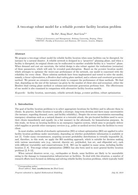 Pdf A Two Stage Robust Model For A Reliable P Center Facility · A