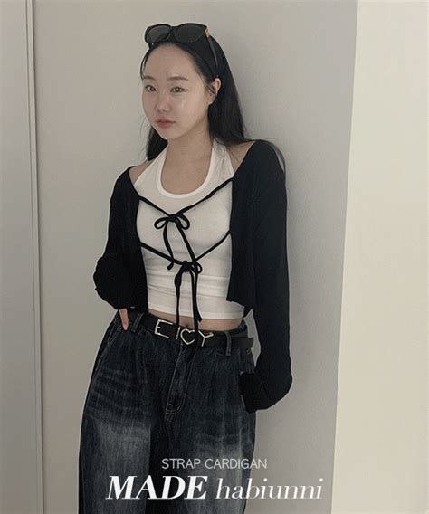 하비언니 MADE 크롭 리본 스트랩 루즈핏 긴팔 가디건 베이지 블랙 color