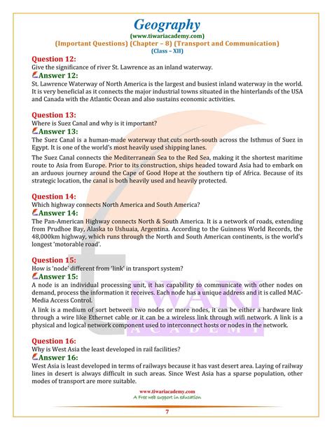 Class 12 Geography Chapter 8 Important Questions Transport And Comm