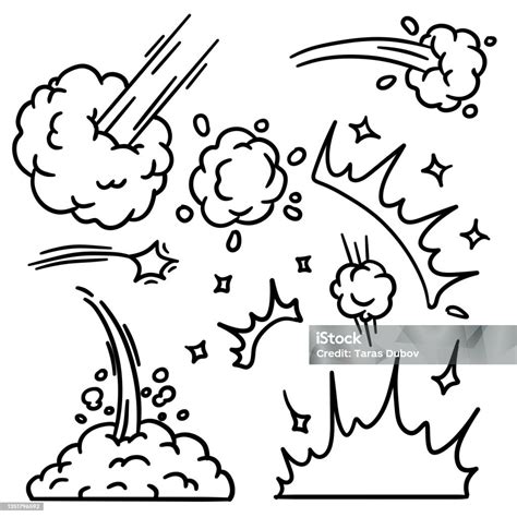 플래시와 폭발의 스케치 효과 구름과 증기 물체와 공기의 움직임 복고풍 만화 라인 만화 일러스트레이션 개체 그룹에 대한 스톡 벡터