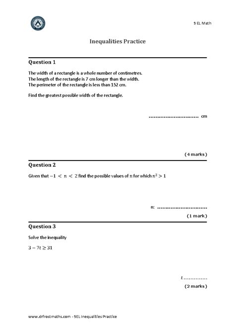 9el Inequalities Practice2 Inequalities Practice Question 1 The Width Of A Rectangle Is A