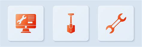 삽 컴퓨터 모니터 서비스 및 렌치 스패너를 설정합니다 흰색 정사각형 버튼 벡터 강철에 대한 스톡 벡터 아트 및 기타 이미지 강철 건설 기계류 건설 산업 Istock