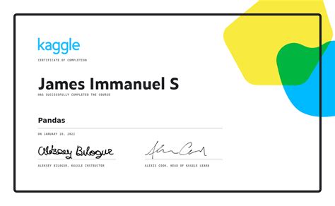 James Immanuel S Completed The Pandas Course On Kaggle