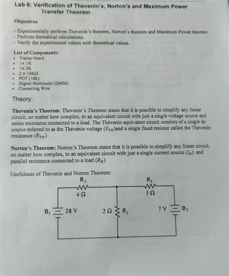 Solved Lab 6 Verification Of Thevenins Nortons And