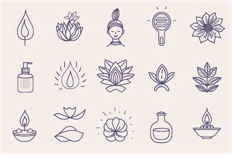 색 배경에 검은색 라인 아트 세트 터 일러스트레이션으로 미용 스파 아이콘 로고 디자인을 위한 라벨과 배지 세트 프리미엄 Ai