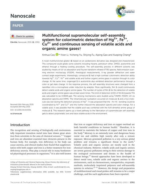 Pdf Multifunctional Supramolecular Self Assembly System For Colorimetric Detection Of Hg 2
