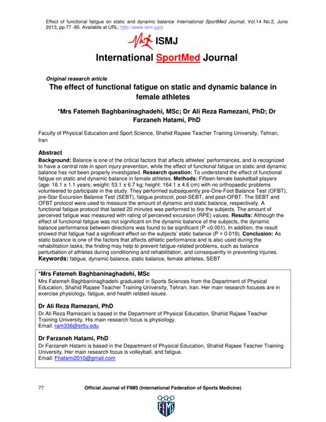 Pdf The Effect Of Functional Fatigue On Static And Dynamic Balance In Female Athletes