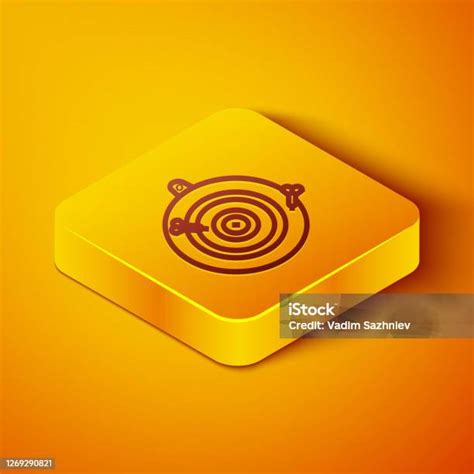 주황색 배경에 격리된 등도계 선 클래식 다트 보드와 화살표 아이콘 다트보드 기호 게임 개념 노란색 정사각형 버튼입니다 벡터