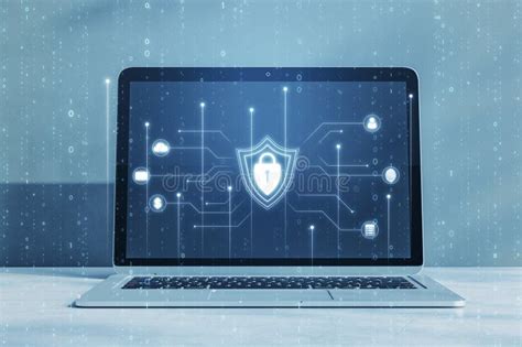 Close Up Of Laptop With Glowing Blue Padlock Shield With Digital Coding