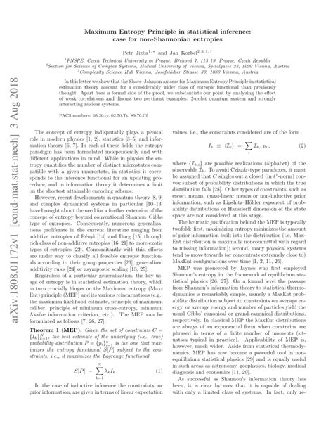 Pdf Maximum Entropy Principle In Statistical Inference Case For Non Shannonian Entropies