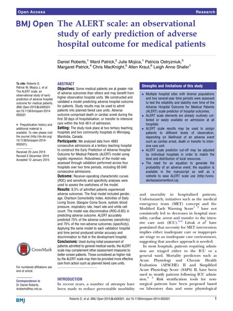 PDF The ALERT Scale An Observational Study Of Early Prediction Of Adverse Hospital Outcome