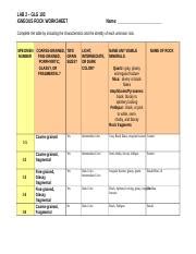 GLG103 LAB 02 Igneous Rock Lab Doc LAB 2 GLG 103 IGNEOUS ROCK WORKSHEET Name Complete The