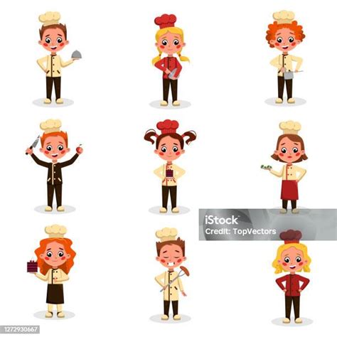 작은 전문 요리사 캐릭터 요리 맛있는 요리 세트 유니폼귀여운 아이와 부엌 기구 만화 스타일 벡터 일러스트와 모자 가공의 인물에 대한 스톡 벡터 아트 및 기타 이미지 Istock