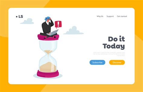 마감일 비즈니스 프로세스 방문 페이지 템플릿 작은 사업가는 노트북과 거대한 모래 시계에 앉아 시간 관리 벡터에 대한 스톡 벡터 아트 및 기타 이미지 Istock