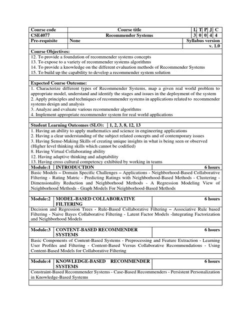 Recommender System Syllabus Pdf System Cognitive Science