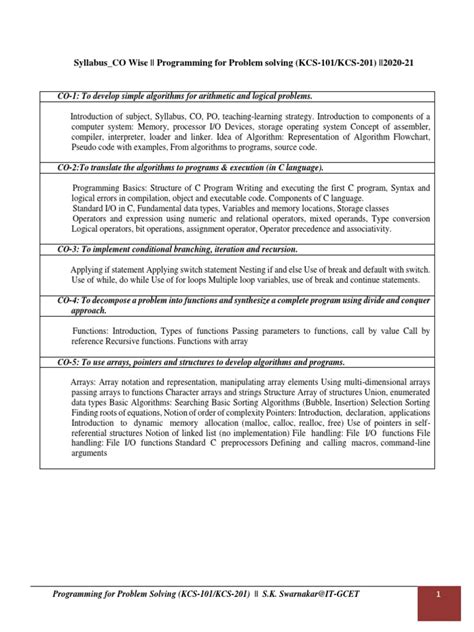 syllabus co wise programming for problem solving kcs 101 kcs 201