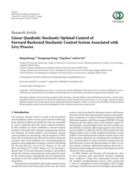 Pdf Linear Quadratic Stochastic Optimal Control Of Forward Backward Stochastic Control System