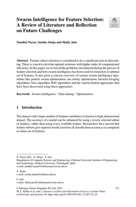Pdf Swarm Intelligence For Feature Selection A Review Of Literature And Reflection On Future