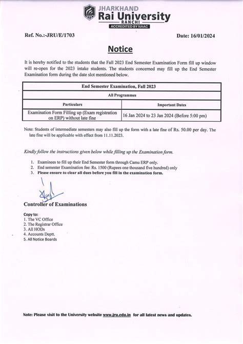 Notice For Re Opening Of Fall 2023 End Sem Exam Form Fill Up