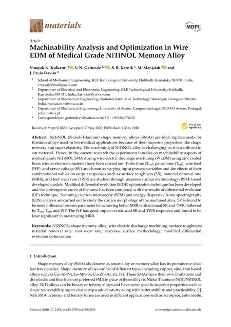 Pdf Machinability Analysis And Optimization In Wire Edm Of Medical Grade Nitinol Memory Alloy
