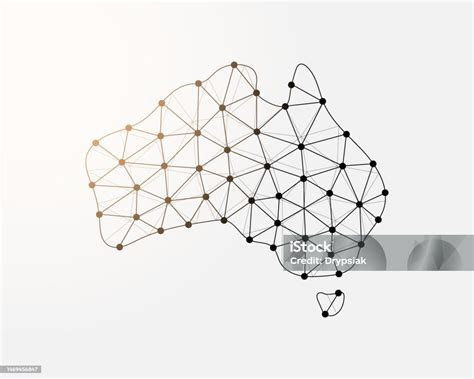 연결된 점이 있는 호주 낮은 폴리 기호 호주 지도 디자인 벡터 일러스트 레이 션입니다 대륙 실루엣 다각형 와이어프레임 그림