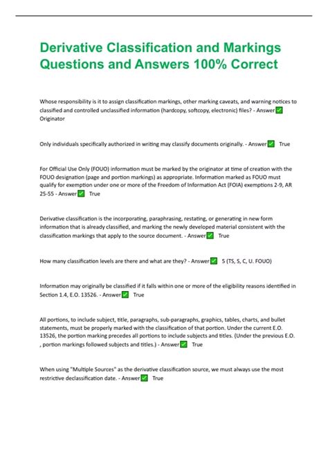 Derivative Classification And Markings Questions And Answers 100 Correct Derivative