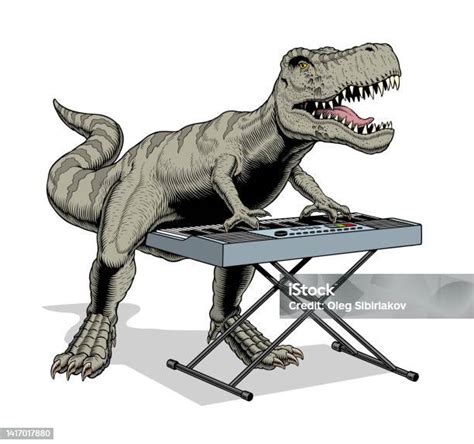 흰색 배경에 고립 된 피아노 키보드를 연주하는 공룡 티라노사우루스 렉스와 전자 합성기 벡터 일러스트레이션 가공의 인물에 대한 스톡 벡터 아트 및 기타 이미지 Istock