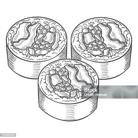 김밥 한국 또는 한국 요리 전통 음식 고립 된 낙서 손으로 그린 스케치 윤곽선 스타일 건강한 생활방식에 대한 스톡 벡터 아트 및