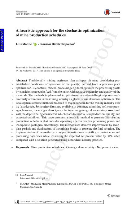 Pdf A Heuristic Approach For The Stochastic Optimization Of Mine Production Schedules