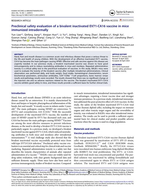 Pdf Preclinical Safety Evaluation Of A Bivalent Inactivated Ev71 Ca16 Vaccine In Mice