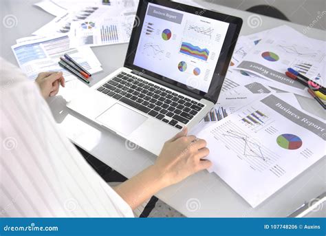 Business Team Working Computer Laptop Data Analysis And Document Stock