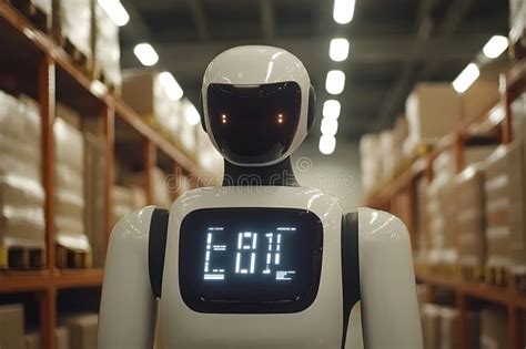 Futuristic Humanoid Robot With A Digital Display Screen Standing In A Warehouse Symbolizing